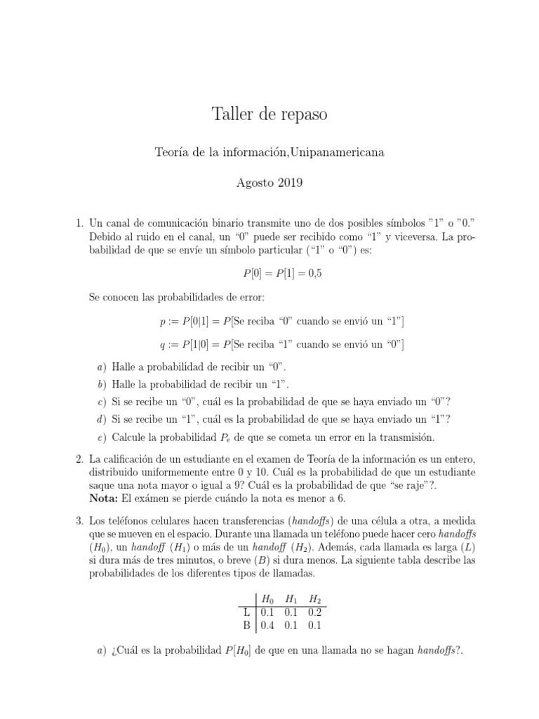 Teoría de La Información - Taller de Repaso | PDF