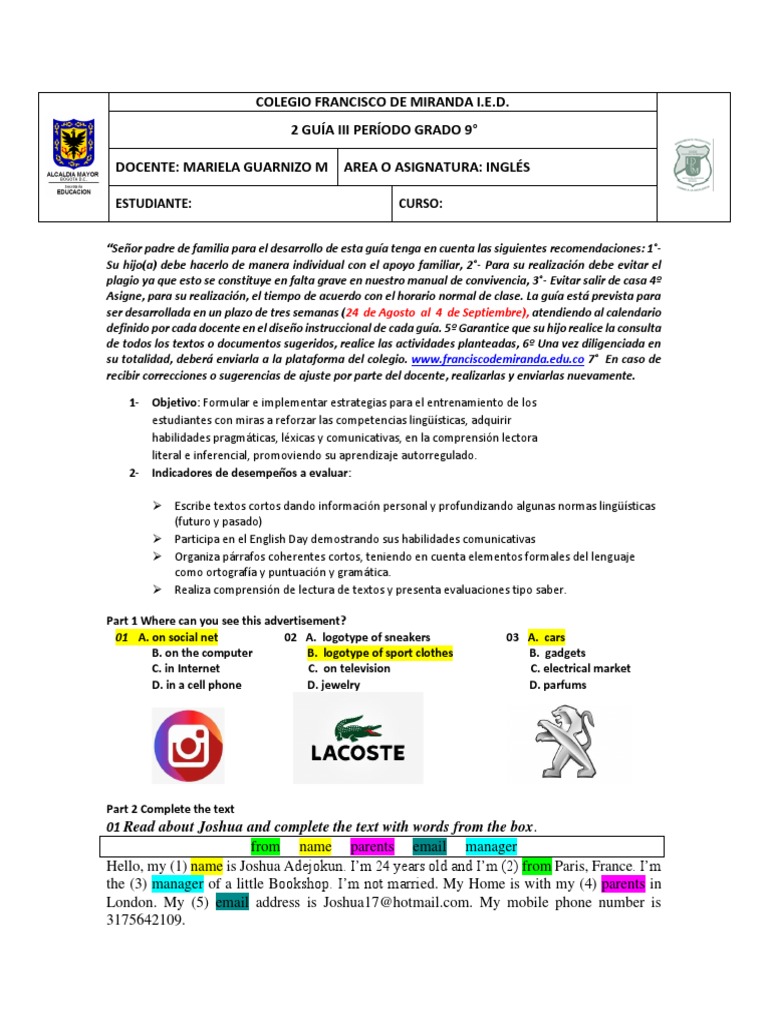 Guía de Inglés para Grado 9° - Colegio Francisco de Miranda | PDF ...