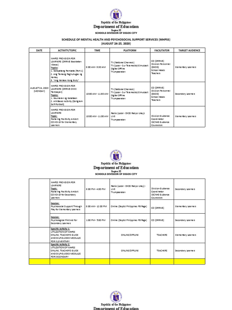 Final Schedule of Mental Health and Psychosocial Support Services | Download Free PDF ...