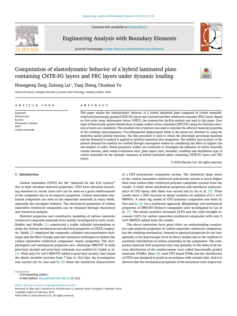 Computation of Elastodynamic Behavior of A Hybrid Laminated Plate Containing CNTR-FG Layers and ...