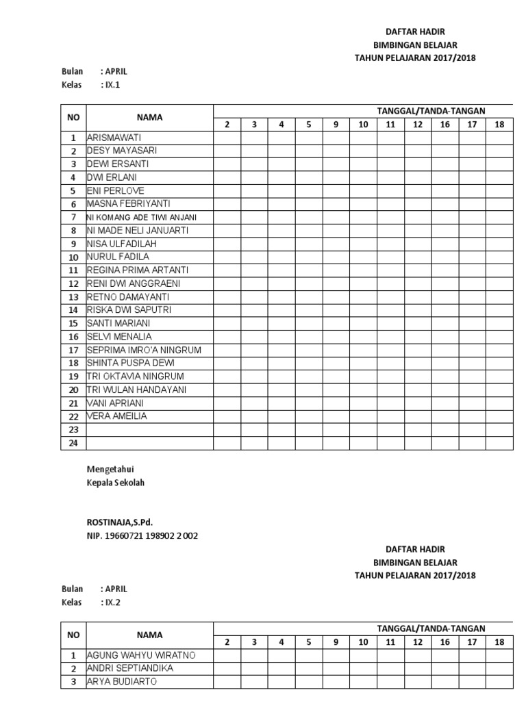 Absen Bimbel KLS 9 | PDF
