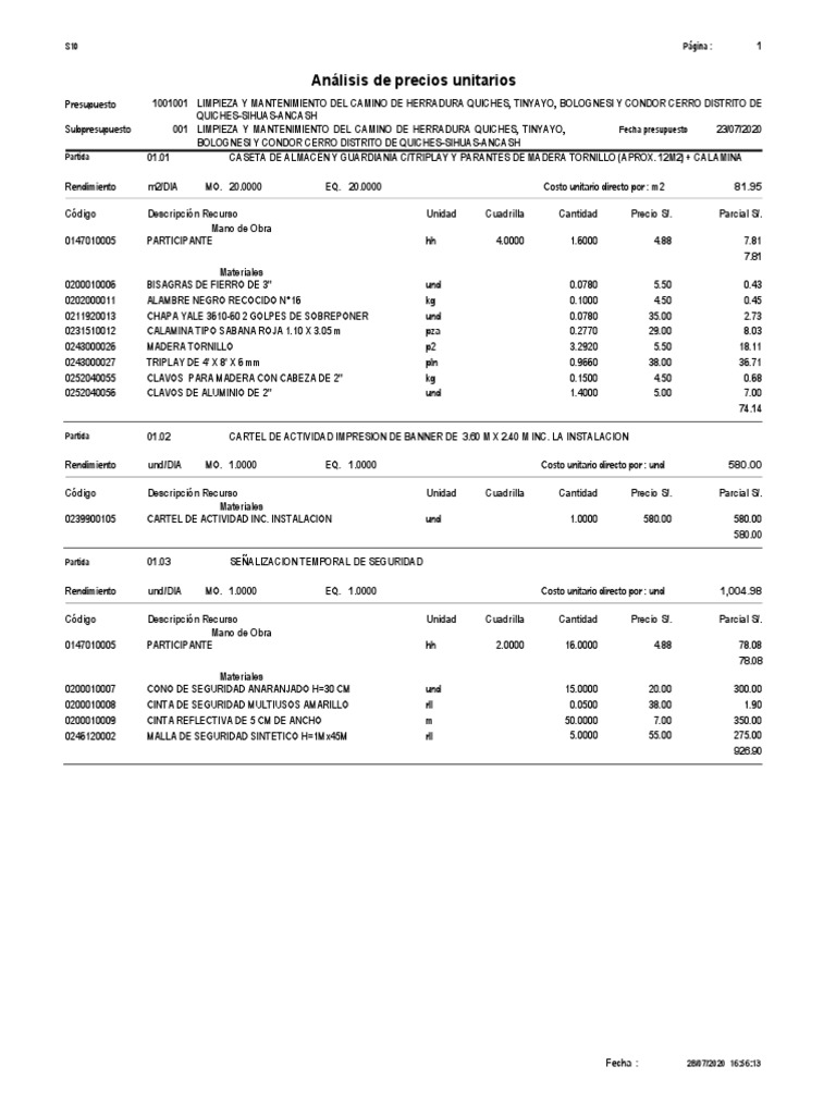 Análisis de Precios Unitarios: Página | PDF | Ingeniería de Edificación | Cemento