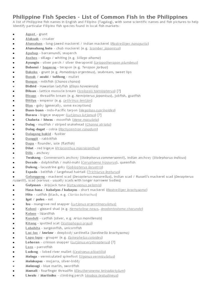 Philippine Fish Species - List of Common Fish in The Philippines | PDF ...