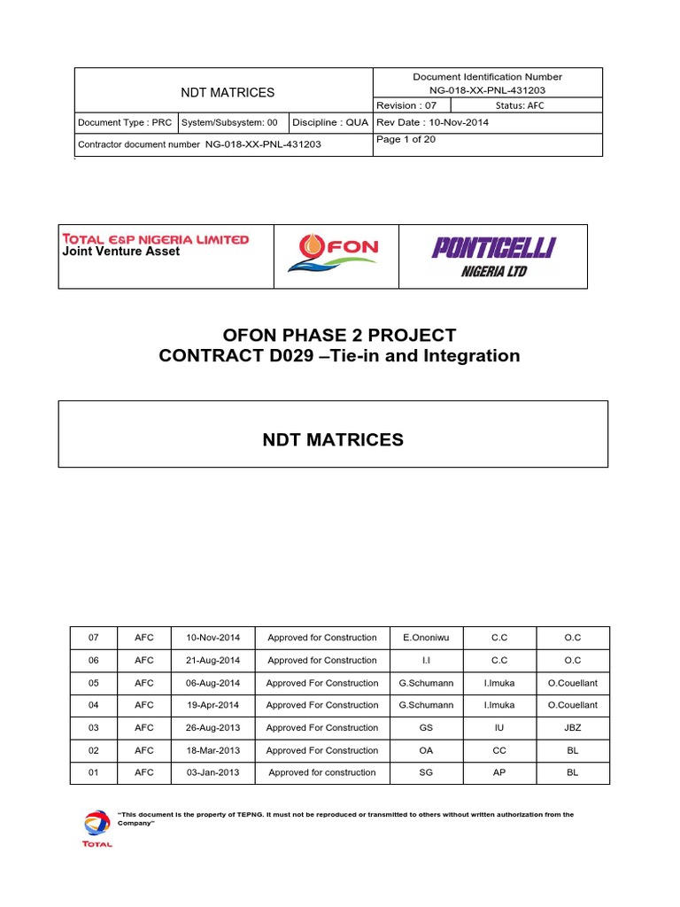NG-018-XX-PNL-431203 - Rev07 NDT Matrices | PDF | Nondestructive ...