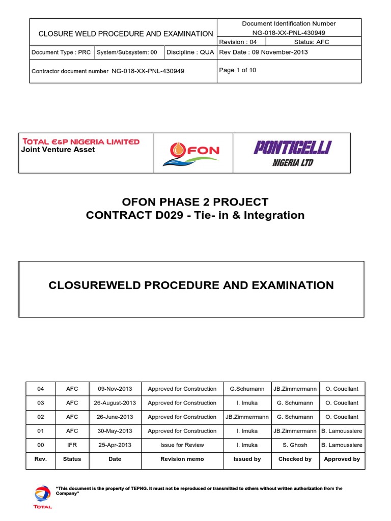 Closure Weld Procedure and Examination for the OFON Phase 2 Project: Responsibilities, Work ...