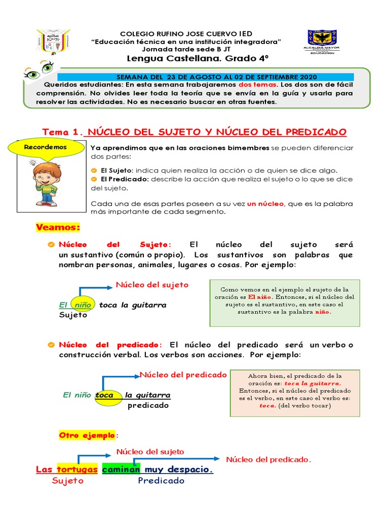 4o NÚCLEO DEL SUJETO Y NÚCLEO DEL PREDICADO | PDF | Predicado ...