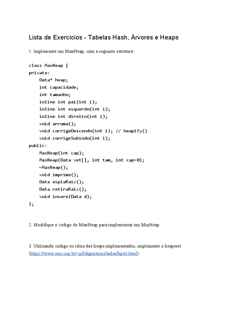 4 - Lista de Exercícios - Tabelas Hash, Árvores e Heaps | PDF | Teoria ...