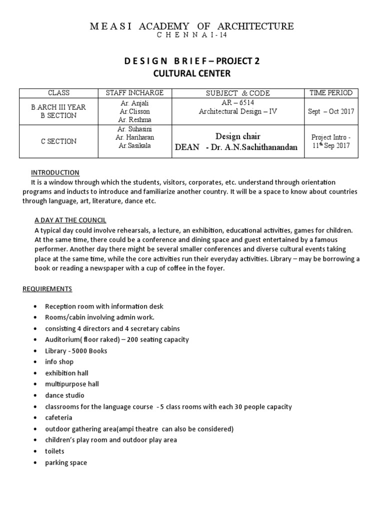 Design Brief-Project2 Cultural Center: M E A S I Academy of Architecture | PDF