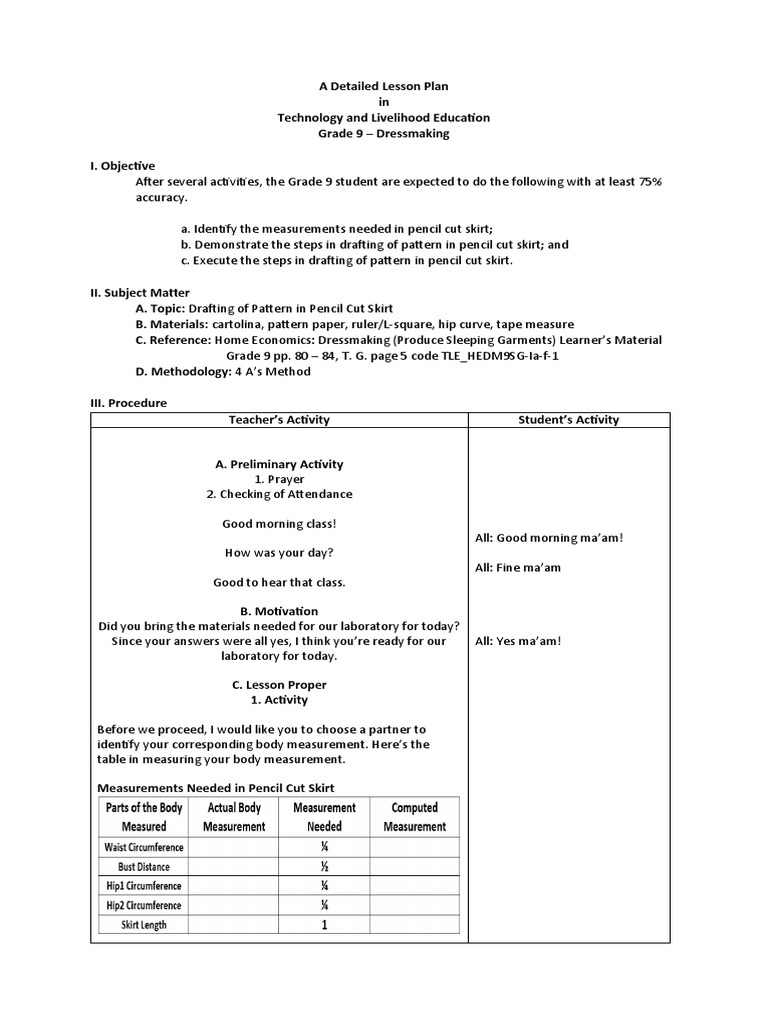 A Detailed Lesson Plan DRESSMAKING NEW | Download Free PDF | Waist | Skirt