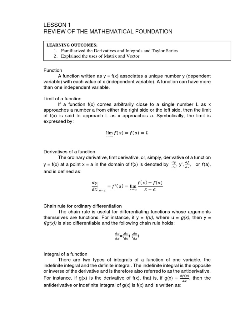 Review of The Mathematical Foundation: Lesson 1 | PDF | Matrix ...