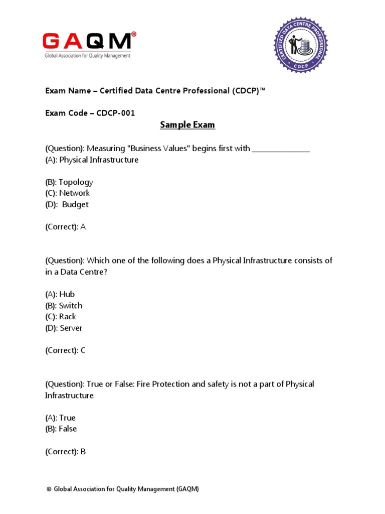 Sample Exam: Exam Name - Certified Data Centre Professional (CDCP) ™ Exam Code - CDCP-001 | PDF