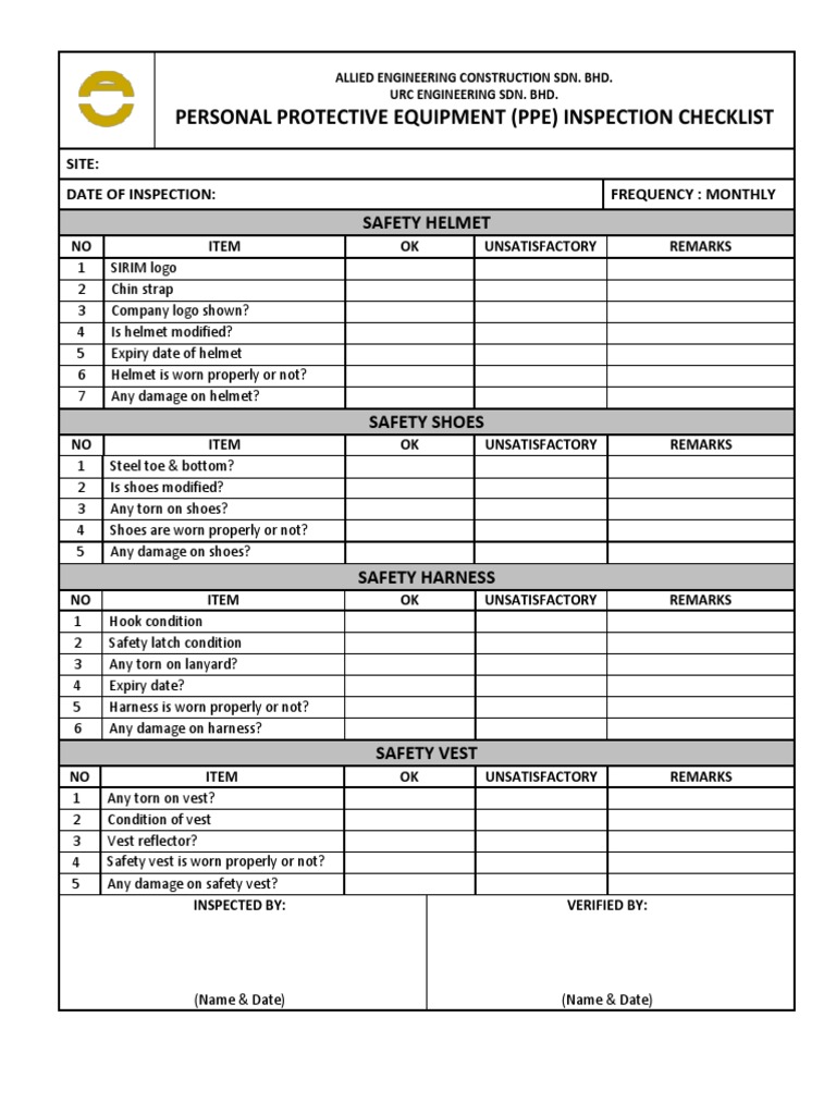 Personal Protective Equipment (Ppe) Inspection Checklist: Safety Helmet ...