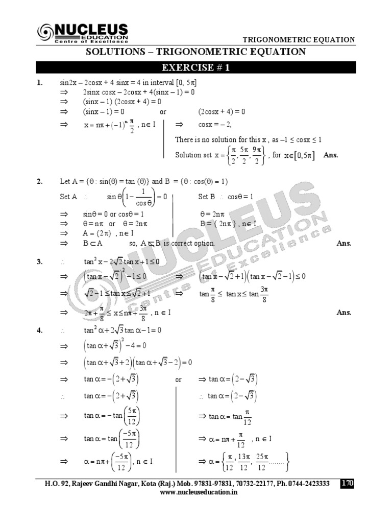 Solutions Trigonometric Equation Exercise 1 Pdf Trigonometric Functions Functions And