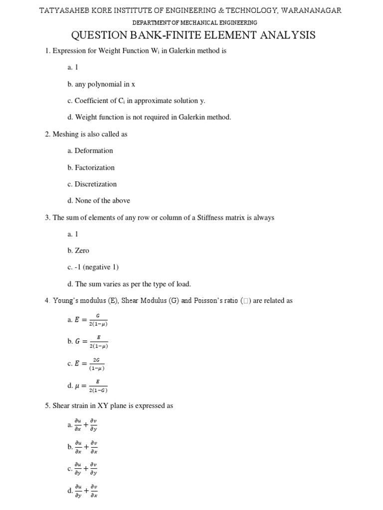 Question Bank-Finite Element Analysis: Department of Mechanical ...