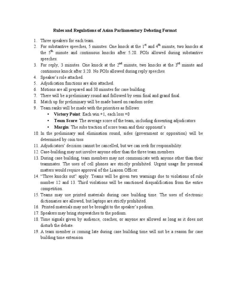 Rules and Regulations of the Asian Parliamentary Debating Format ...