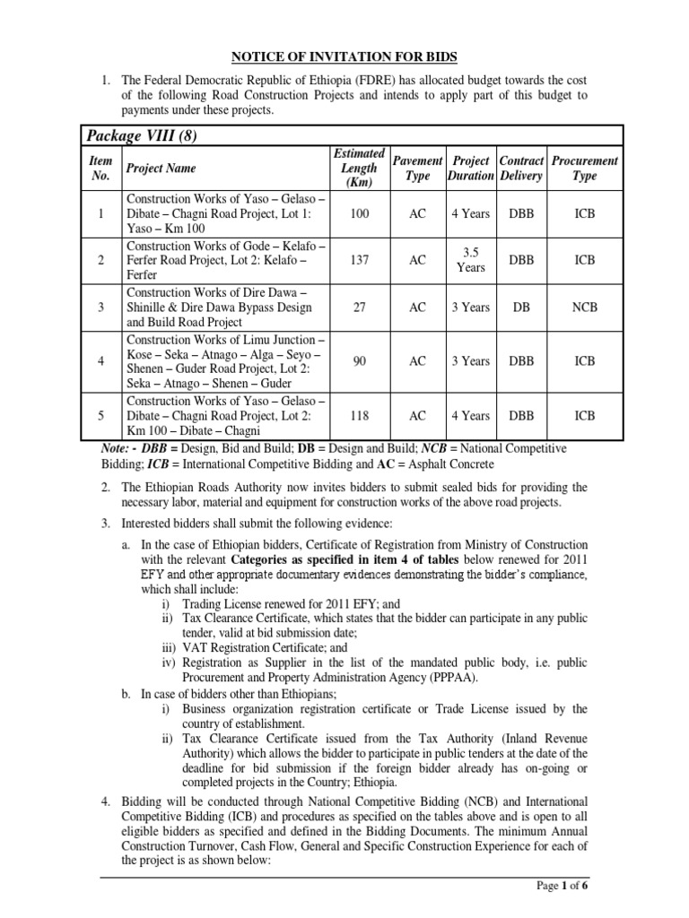 Notice of Invitation For Bids Package VIII | PDF | Joint Venture | Ethiopia