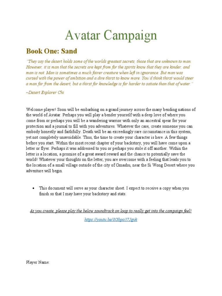 Sand Avatar Campaign Character Sheet | PDF
