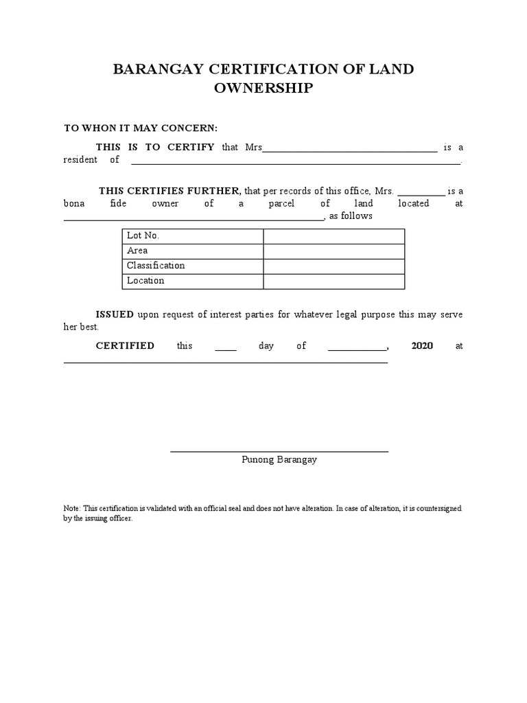 Barangay Certification of Land Ownership | PDF | Law