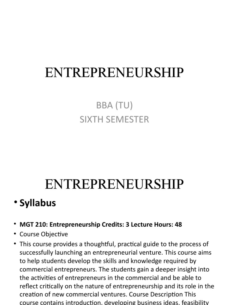 Entrepreneurship: Bba (Tu) Sixth Semester | PDF | Entrepreneurship ...
