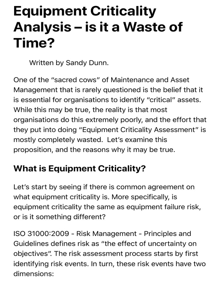 Equipment Criticality Analysis - Is It A Waste of Time? - Assetivity PDF | PDF | Risk ...
