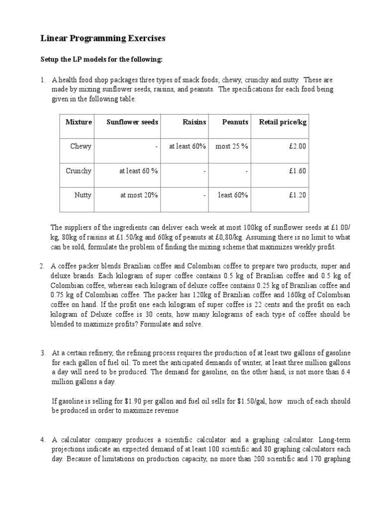 Linear Programming Exercises: Setup The LP Models For The Following | PDF | Gasoline | Peanuts