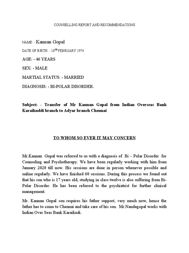 Counselling Report and Recommendations | PDF | Psychotherapy | Sleep