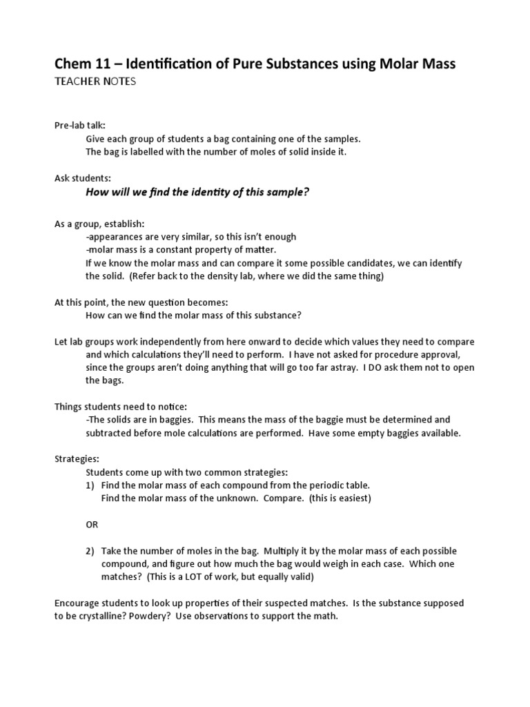 Identifying Pure Substances by Molar Mass | PDF