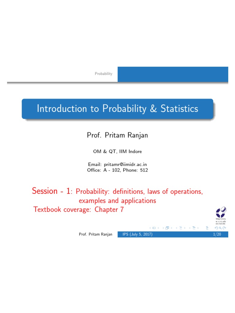 Introduction To Probability & Statistics: Session - 1 | PDF | Probability | Probability Theory