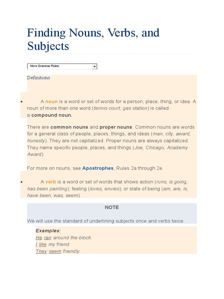 Finding Nouns, Verbs, and Subjects: Definitions | PDF | Object (Grammar ...