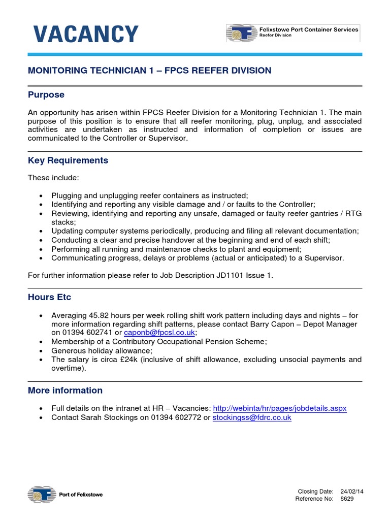 Monitoring Technician 1 - Fpcs Reefer Division: Caponb@fpcsl - Co.uk ...