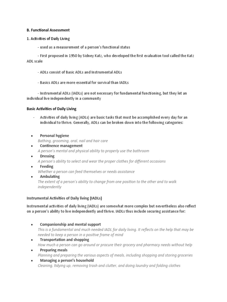 Activities of Daily Living - : B. Functional Assessment | PDF | Health ...