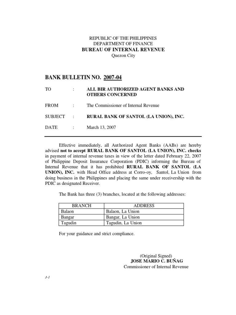 Bank Bulletin No. 2007-04: Bureau of Internal Revenue | PDF