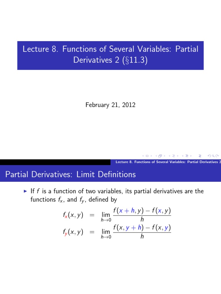Lecture 8 Functions Of Several Variables Partial Derivatives 2 11 3 Pdf Derivative