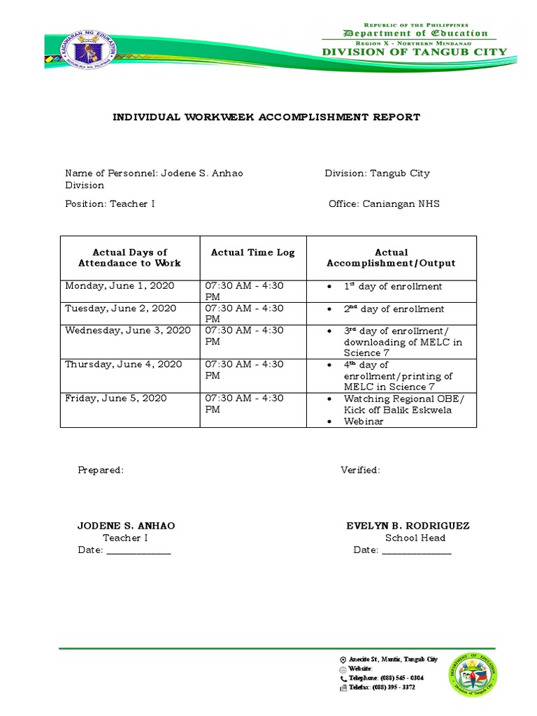 Individual Workweek Accomplishment-Report - JUNE 1-26,2020 | PDF ...