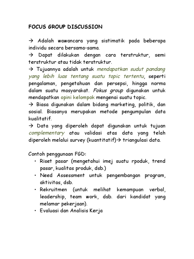 Metode dan Tujuan Focus Group Discussion | PDF