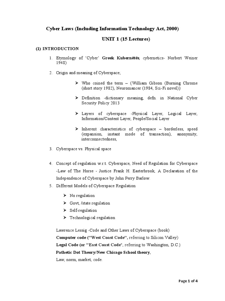 Brief Outline of UNIT 1, Cyber Law | PDF | Cyberspace | Copyright ...