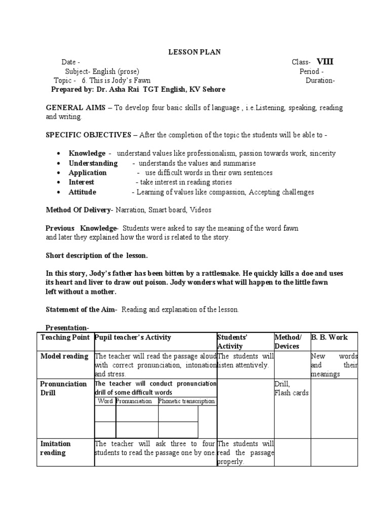 LESSON PLAN Jody's Fawn | PDF | Lesson Plan | Teachers