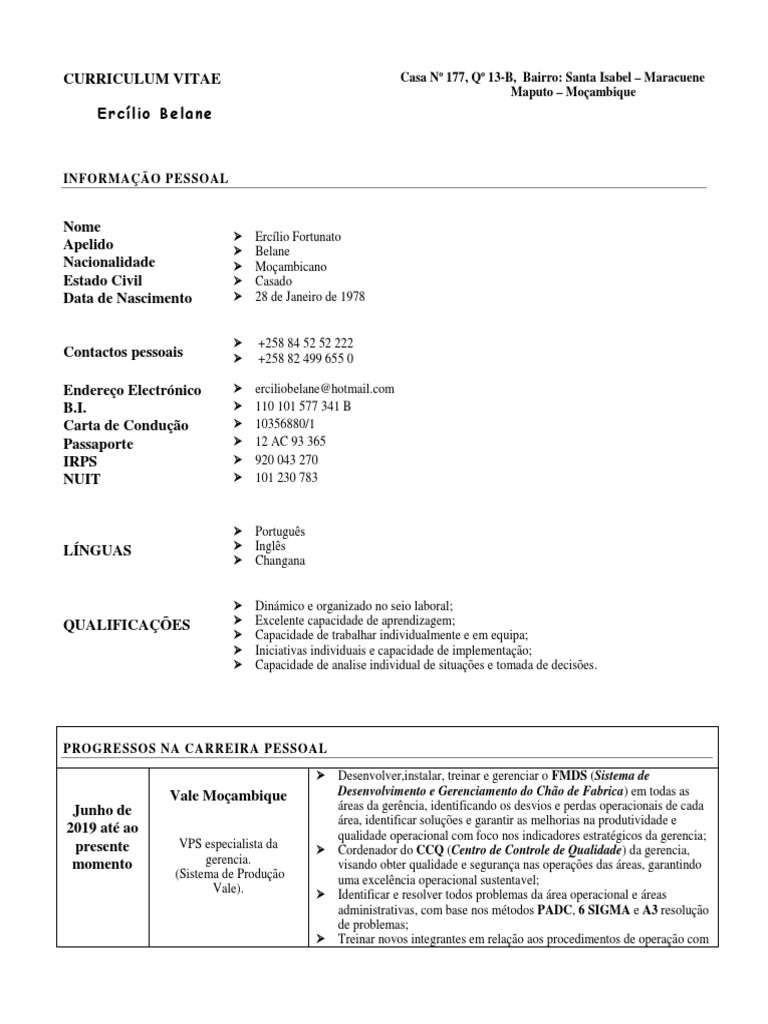 CV de Ercílio Belane | PDF | Moçambique | Science