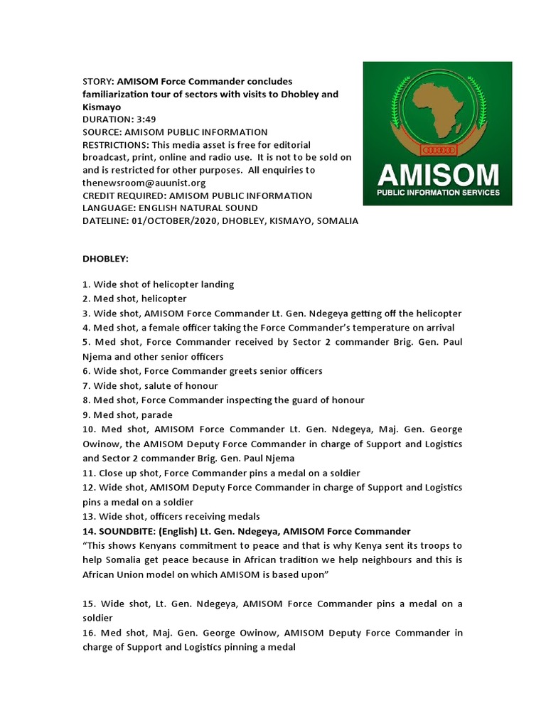 AMISOM Commander Visits Dhobley, Kismayo | PDF | African Union Mission ...