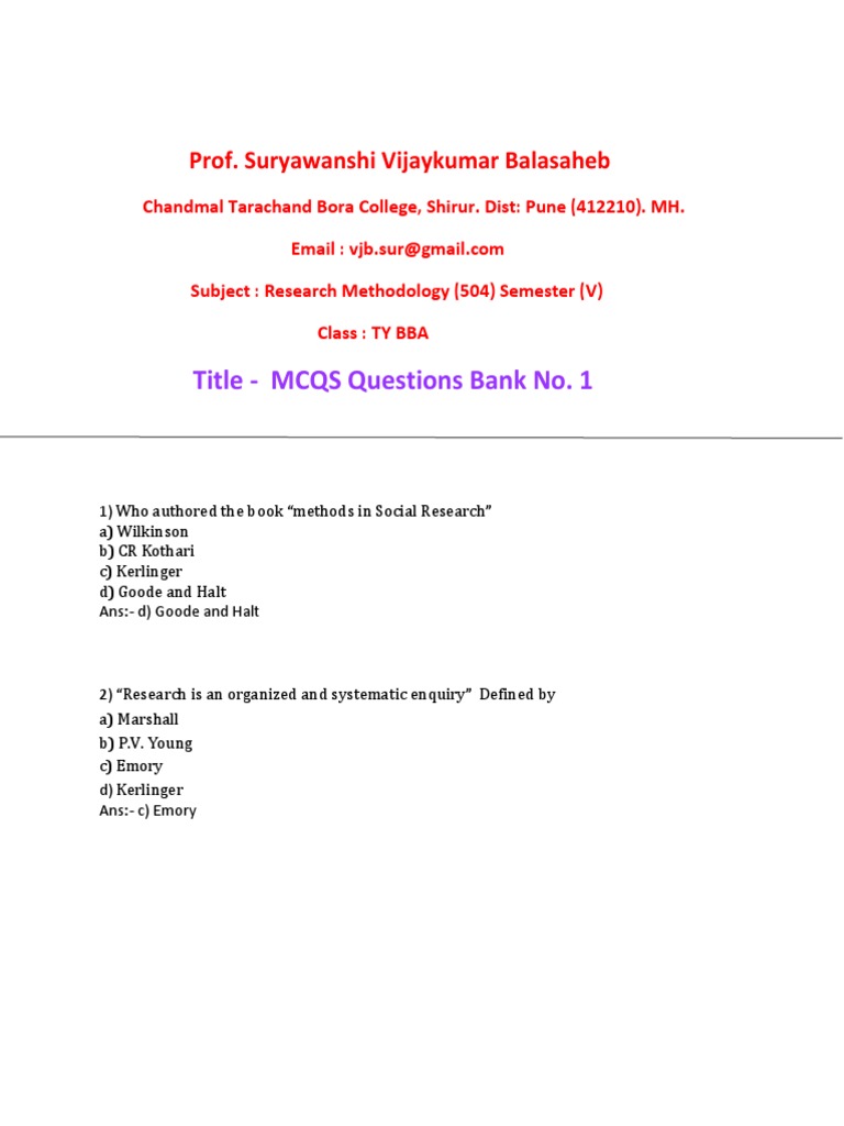 PDF MCQS Question Bank No.1 For TY BBA Research Methodology | PDF ...