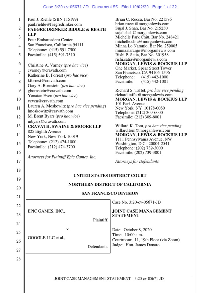 20-10-02 Epic v. Google Joint Case Management Statement | PDF | Google Play | Android (Operating ...