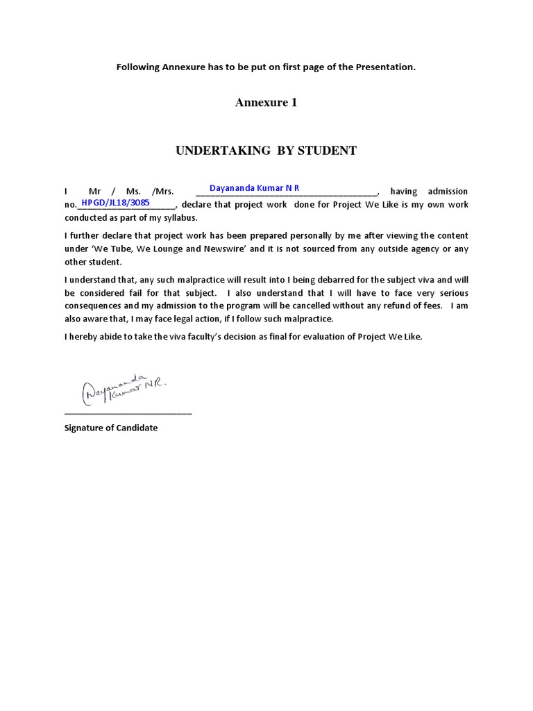 Student Undertaking for Project We Like | PDF