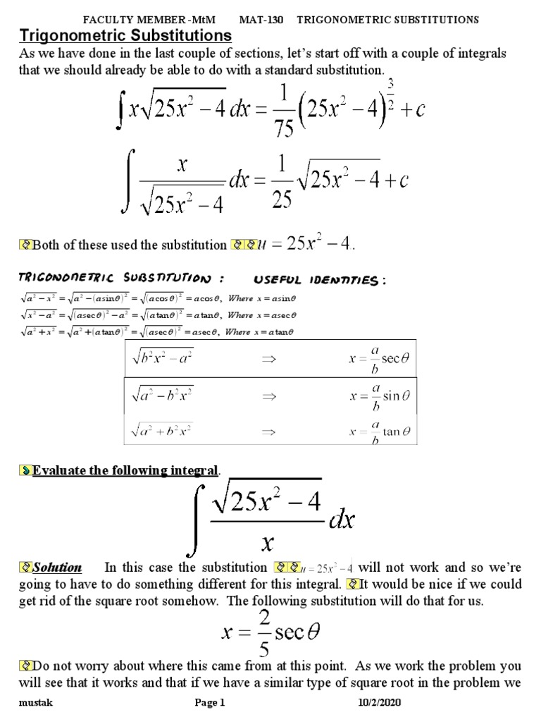 Mat130 5 Mtm Handout 4 And 5 Trigonometric Substitutions Spring