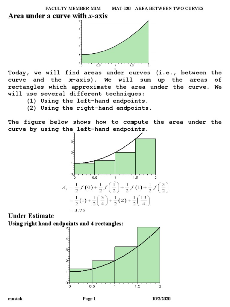 MAT130.5 (MTM) Handout #8 - Area Between Two Curves, Spring 2020 | PDF ...