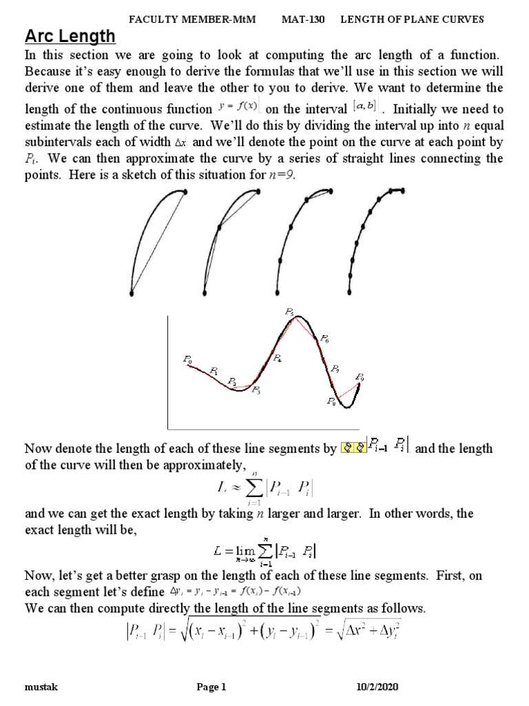 Mat130 5 Mtm Handout 9 Arc Length Spring 2020 Pdf Curve