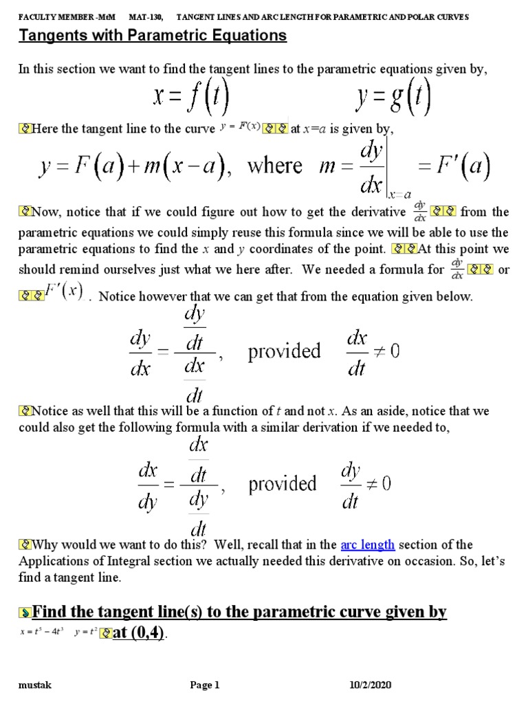 MAT130.5 (MTM) Handout #19 - Tangent Lines and Arc Length, Spring 2020 ...