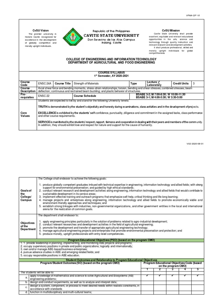 ENSC 24a - Strength of Materials | PDF | Stress (Mechanics) | Engineering