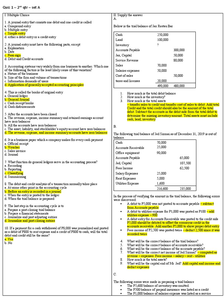 Quiz in Basic Accounting SHS | PDF | Debits And Credits | Financial ...