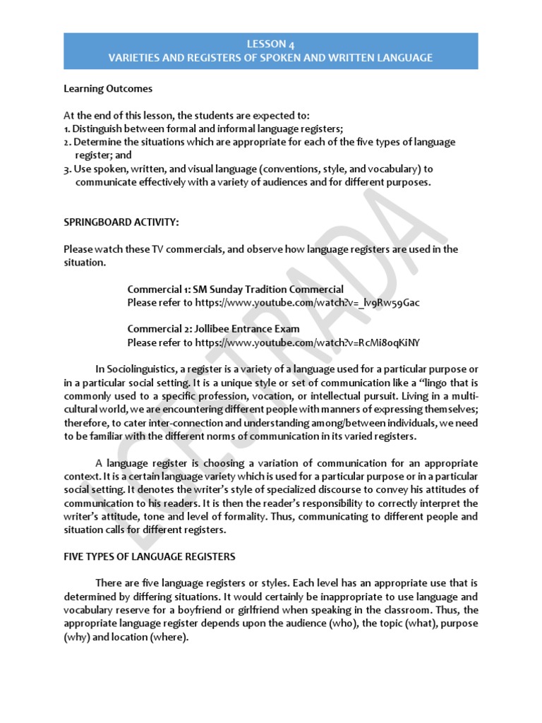 Lesson 4 - Varieties and Registers | PDF | Acronym | Communication