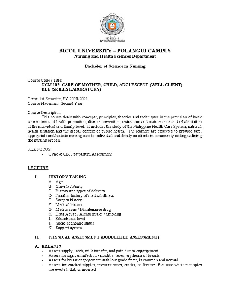 Post Partum Assessment NCM 107 Care of Mother Child Adolescent Well ...